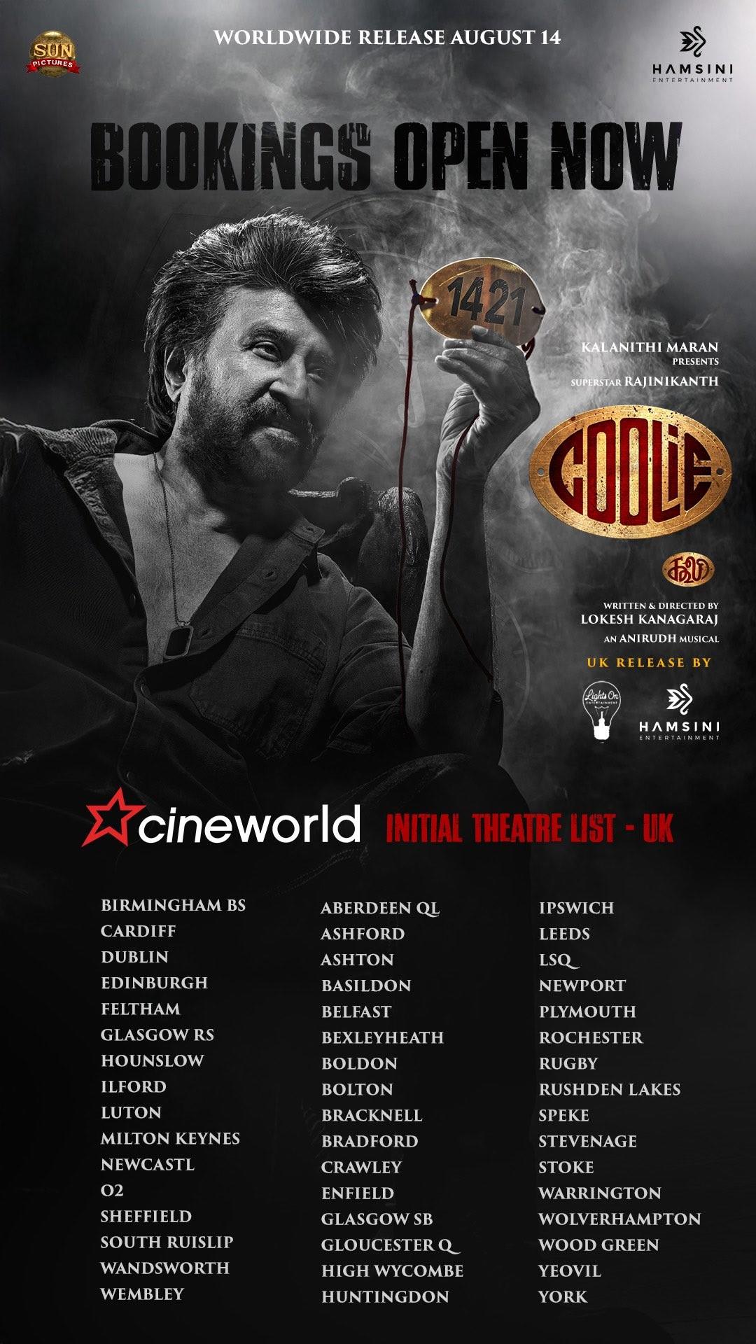 Coolie UK bookings open at Cineworld! Theater List: Tamil Movie, Music Reviews and News